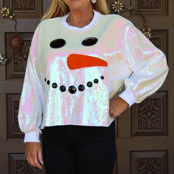 QUEEN OF SPARKLES | Sweaters | Nwt Queen Of Sparkles Full Sequin Snowman Face Sweatshirt In ...